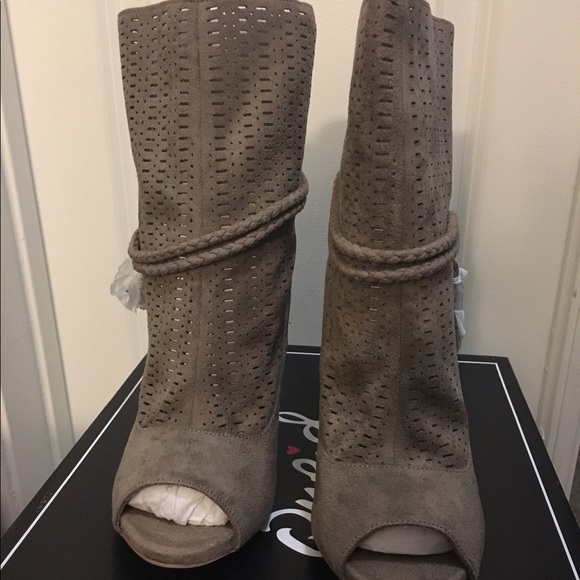Shoes | Suede Beige Tan Peep Toe Wooden Heel Bootie Size 7as Is ...
